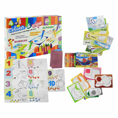4 in 1 Colour & Wipe Kit 48 reusable cards | Crayons kit coloring and ...